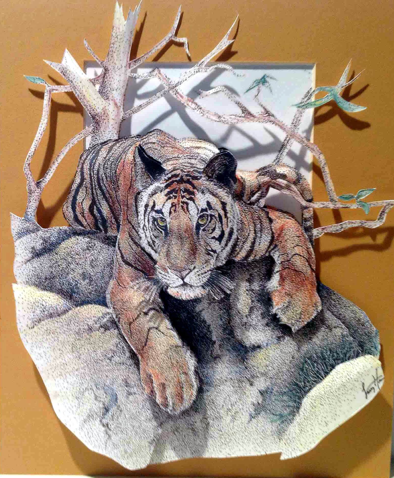 3D Anmial Paper Cut of Tiger Sunning Himself on a Rock - Etsy España