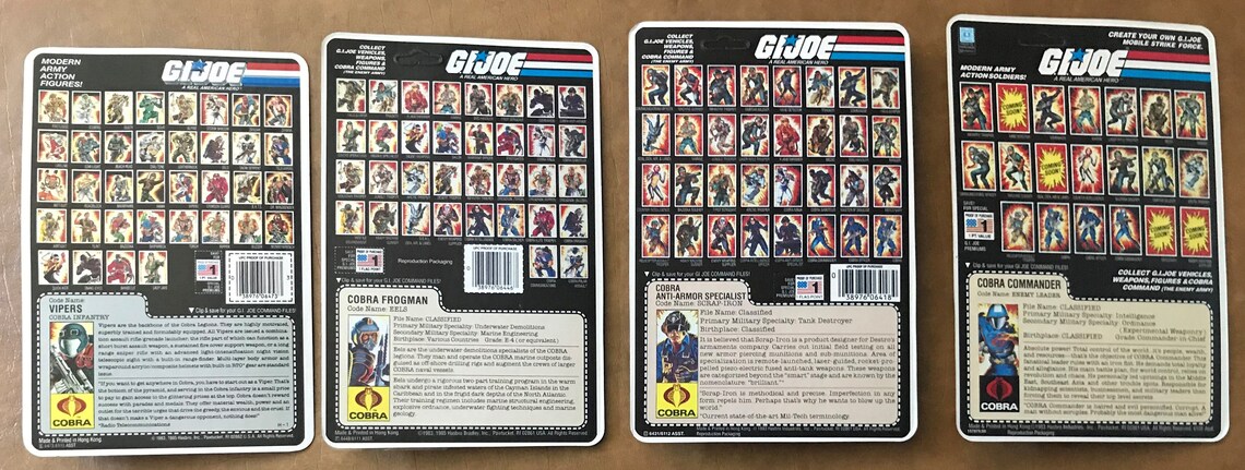 Recarded Set of 4ea GI Joe A Real American Hero ARAH Cobra Commander, Scrap Iron, Cobra Eel, and ...
