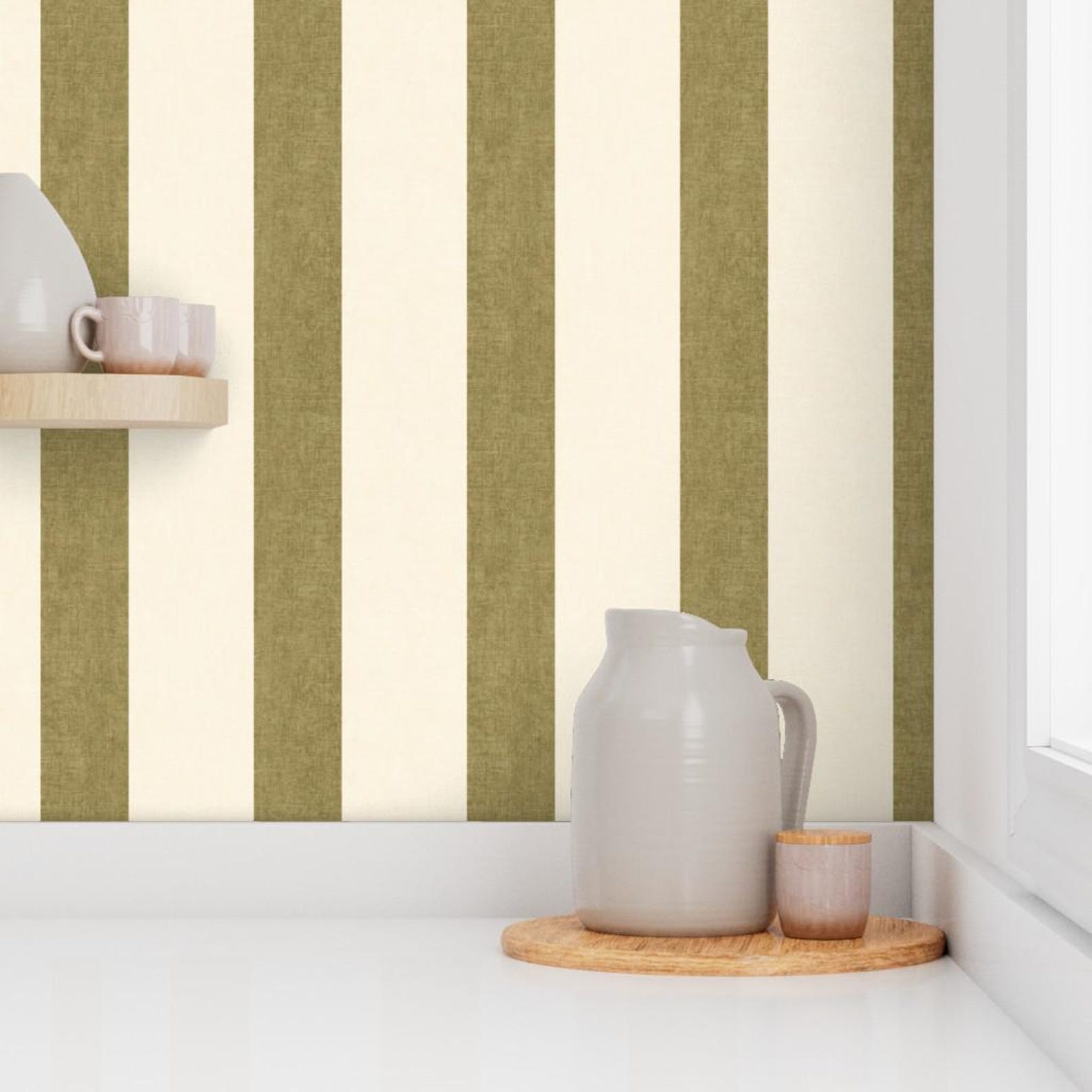Olive Green Stripe Removable Wallpaper: Linen Texture, Peel & Stick - Etsy