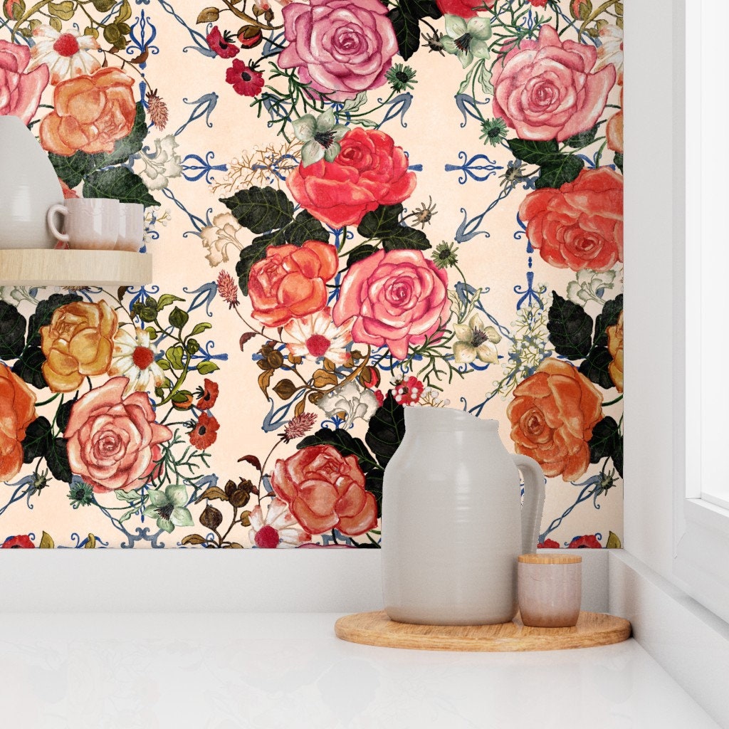 Victorian Era Rose Wallpaper Vintage Boho Themed Flowers on - Etsy