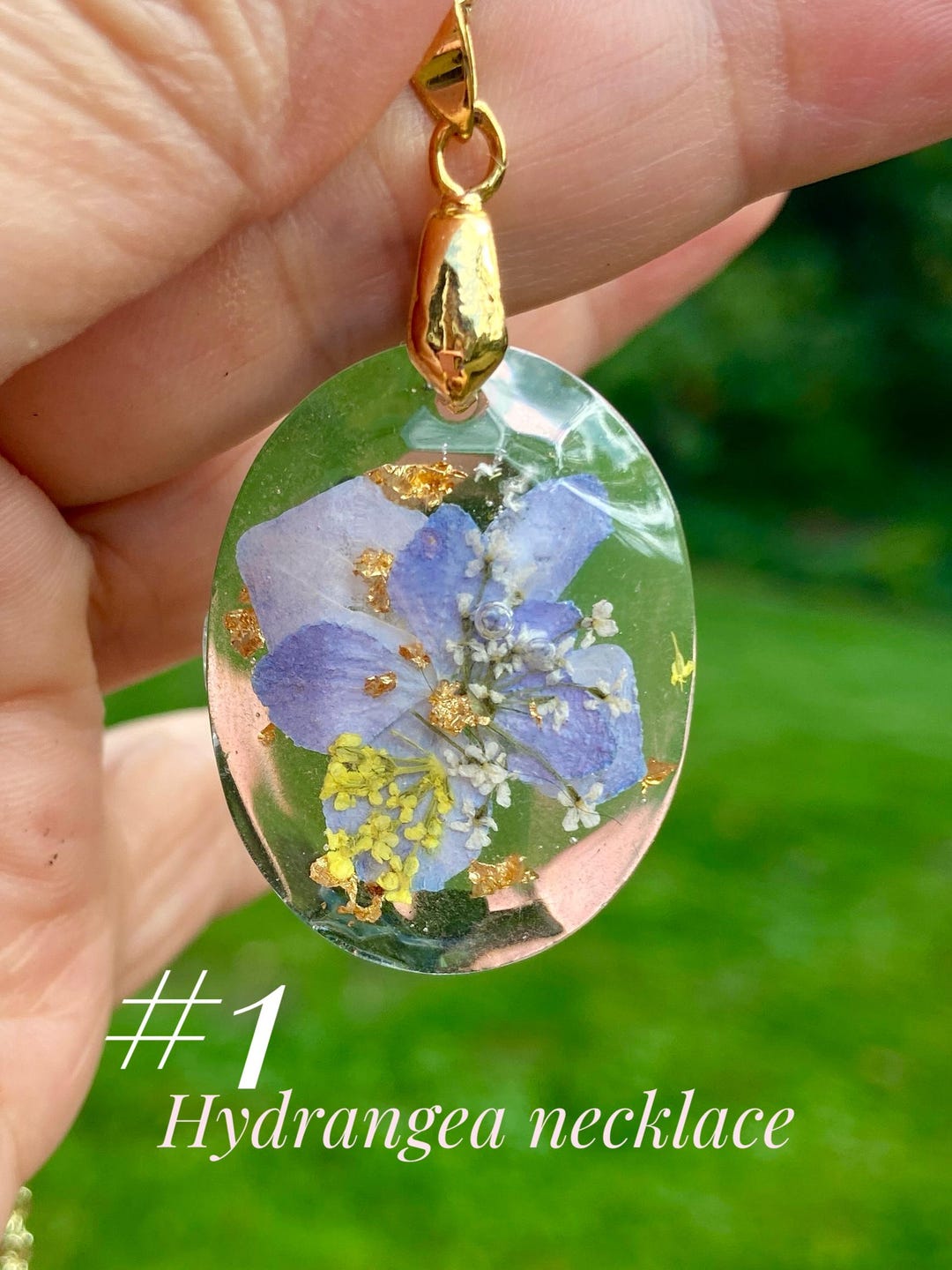 Pressed Hydrangea Flower Necklace: Gold Resin Jewelry, Gift, Gold ...