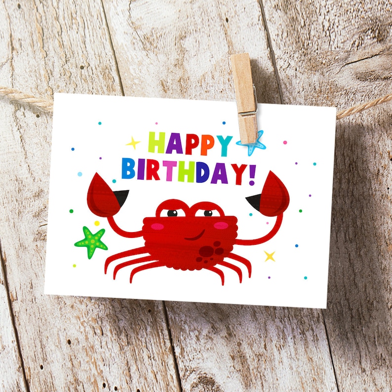 Crab Birthday Card, Cute Crab Birthday Card, Happy Birthday Card, Kids ...