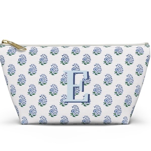 Block Print Personalized Shadow Initial Zippered Pouch, White, Blue ...