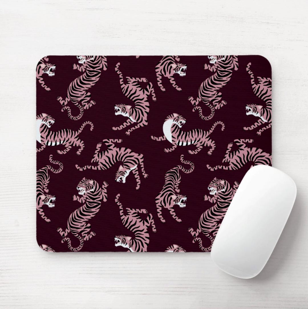 Paper Tigers Mouse Pad, Burgundy Purple/red/pink Animal Print Mousepad ...