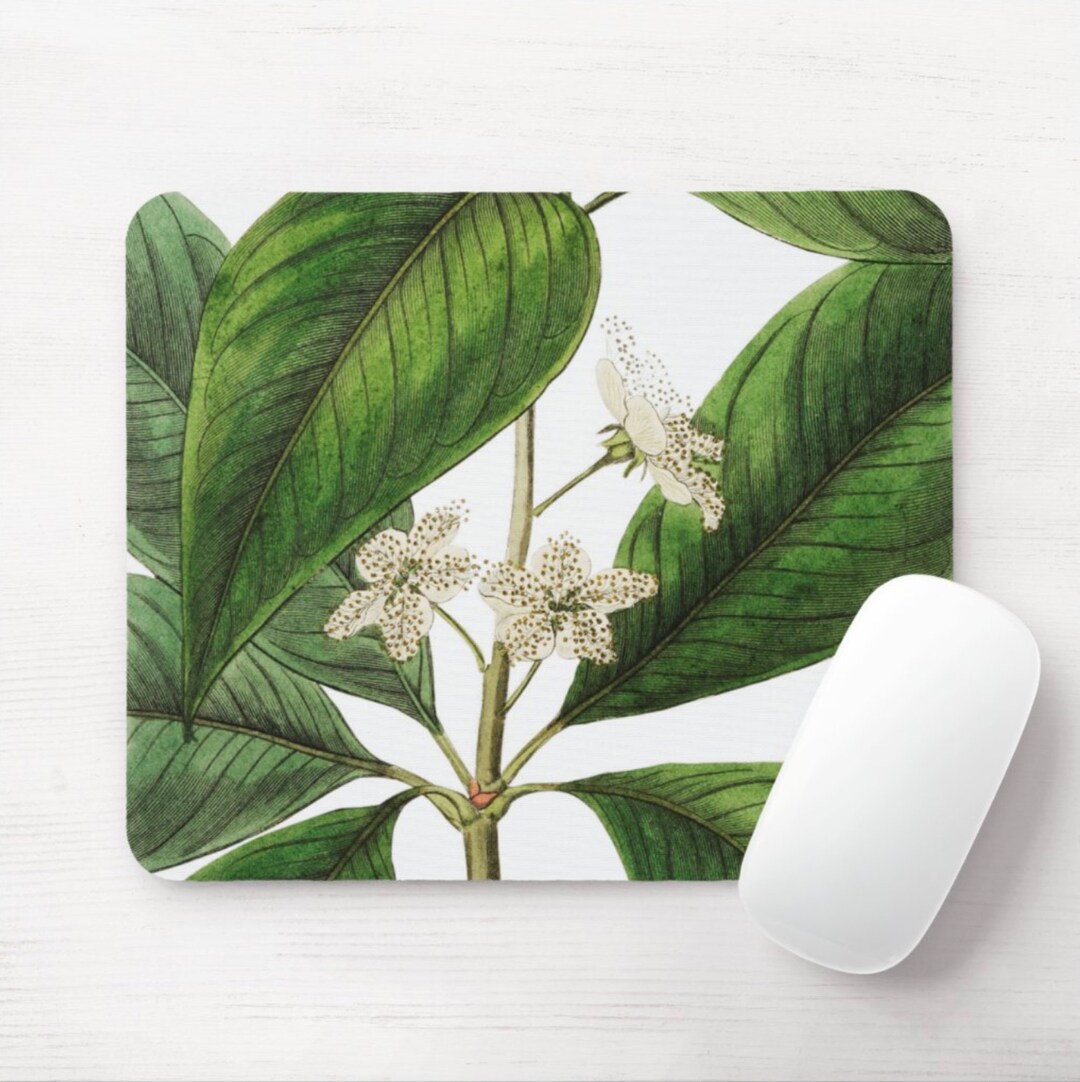 Vintage Botanical White Flowers Mouse Pad, Round or Rectangle Green ...