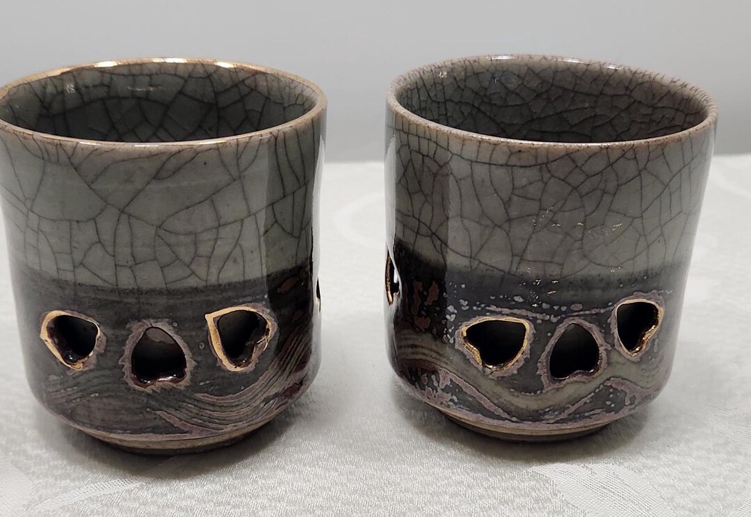 Somayaki Cups, Soma Ware Double Wall Crackle Tea Coffee Mugs, Japan ...