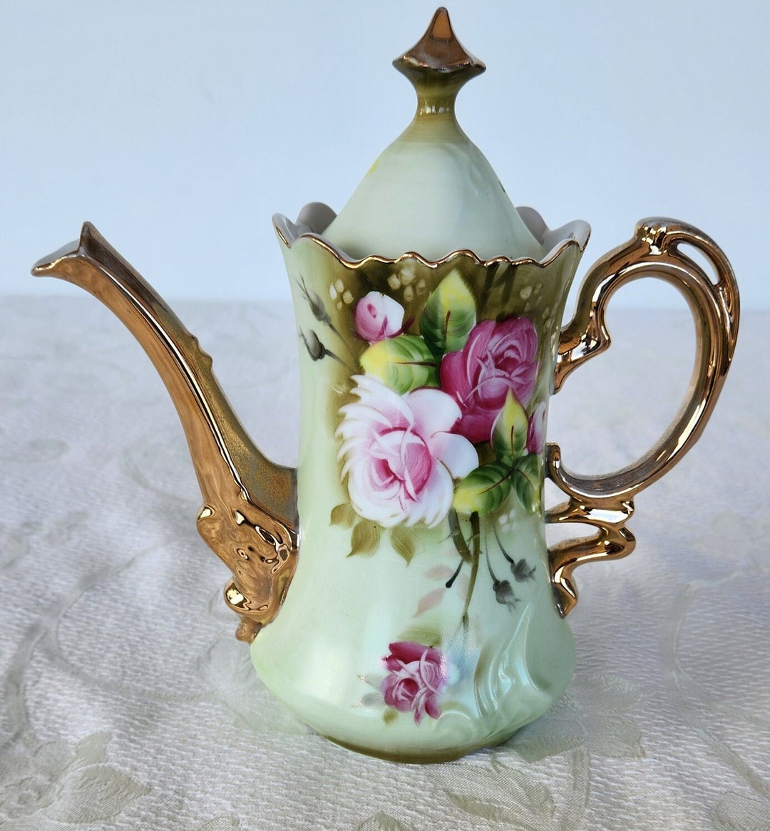 Vintage Lefton China Heritage Roses Green Coffee Pot, Fine Porcelain ...