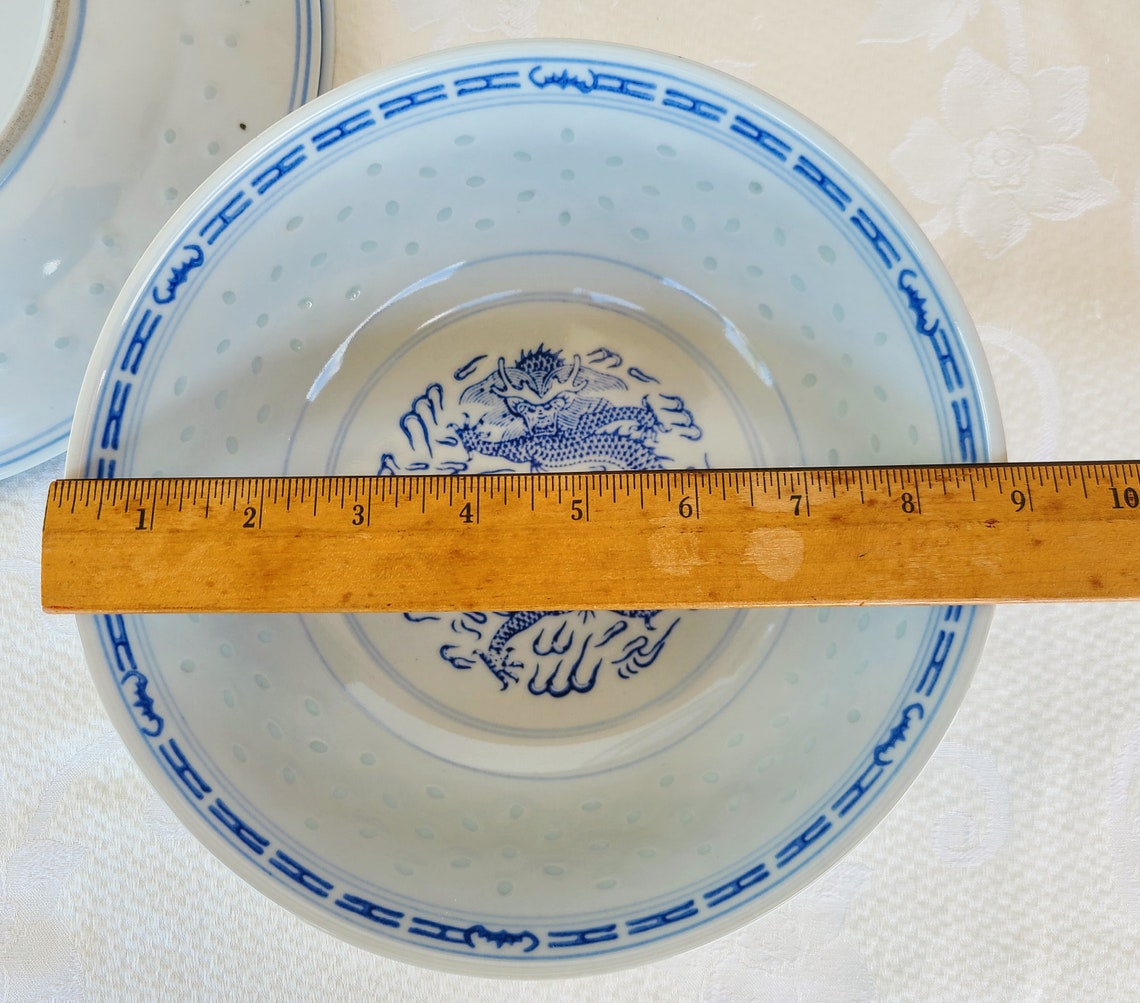 Vintage Porcelain Chinese Dragon Rice Eye Serving Plates and Bowls ...