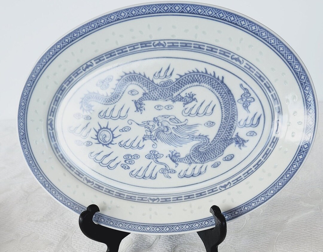Vintage 12 Inch Porcelain Chinese Dragon Rice Eye Oval Serving Platters ...