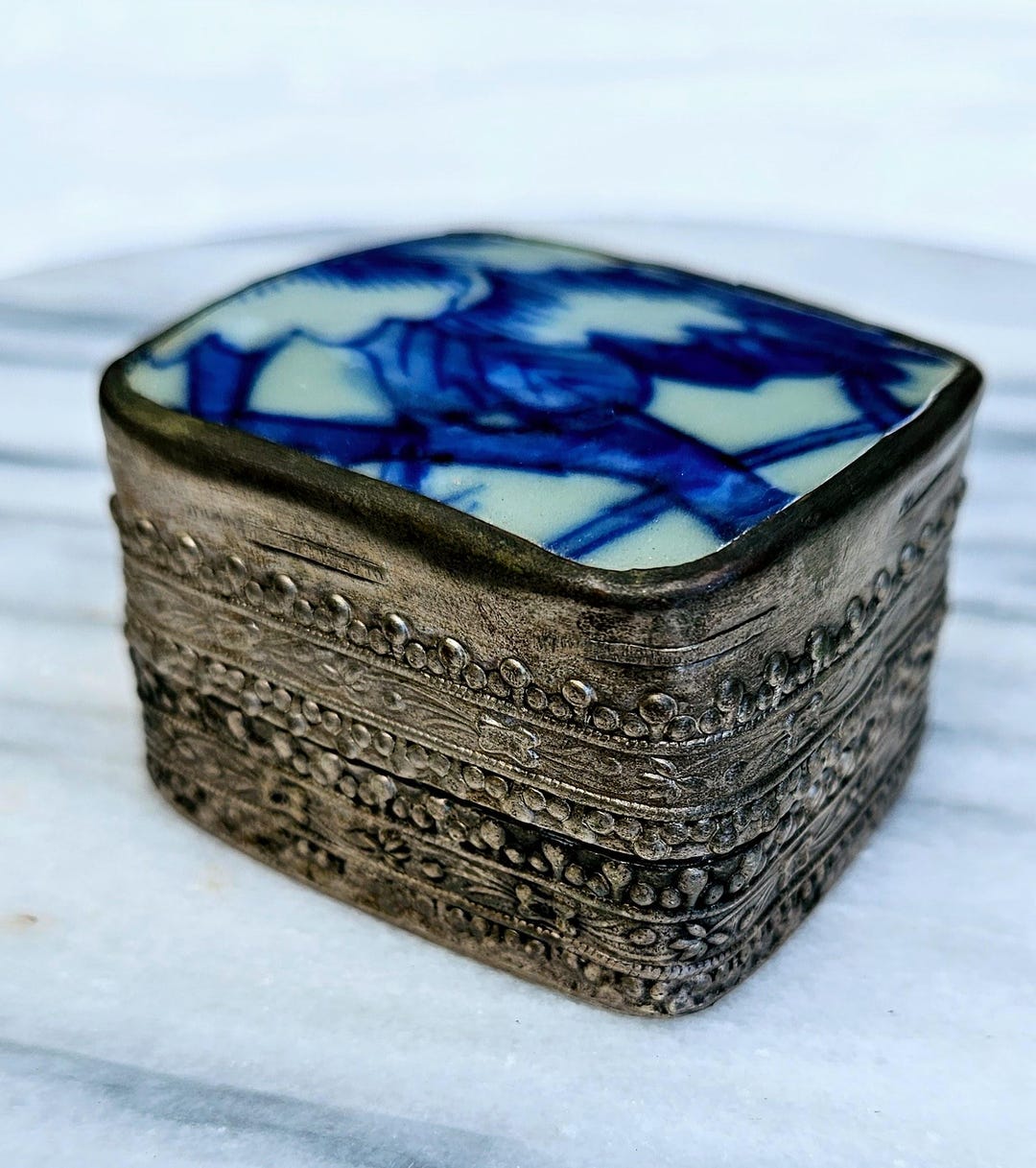 Covered Vintage Decorated Silver Chinese Shard Box, Hand Painted Floral ...