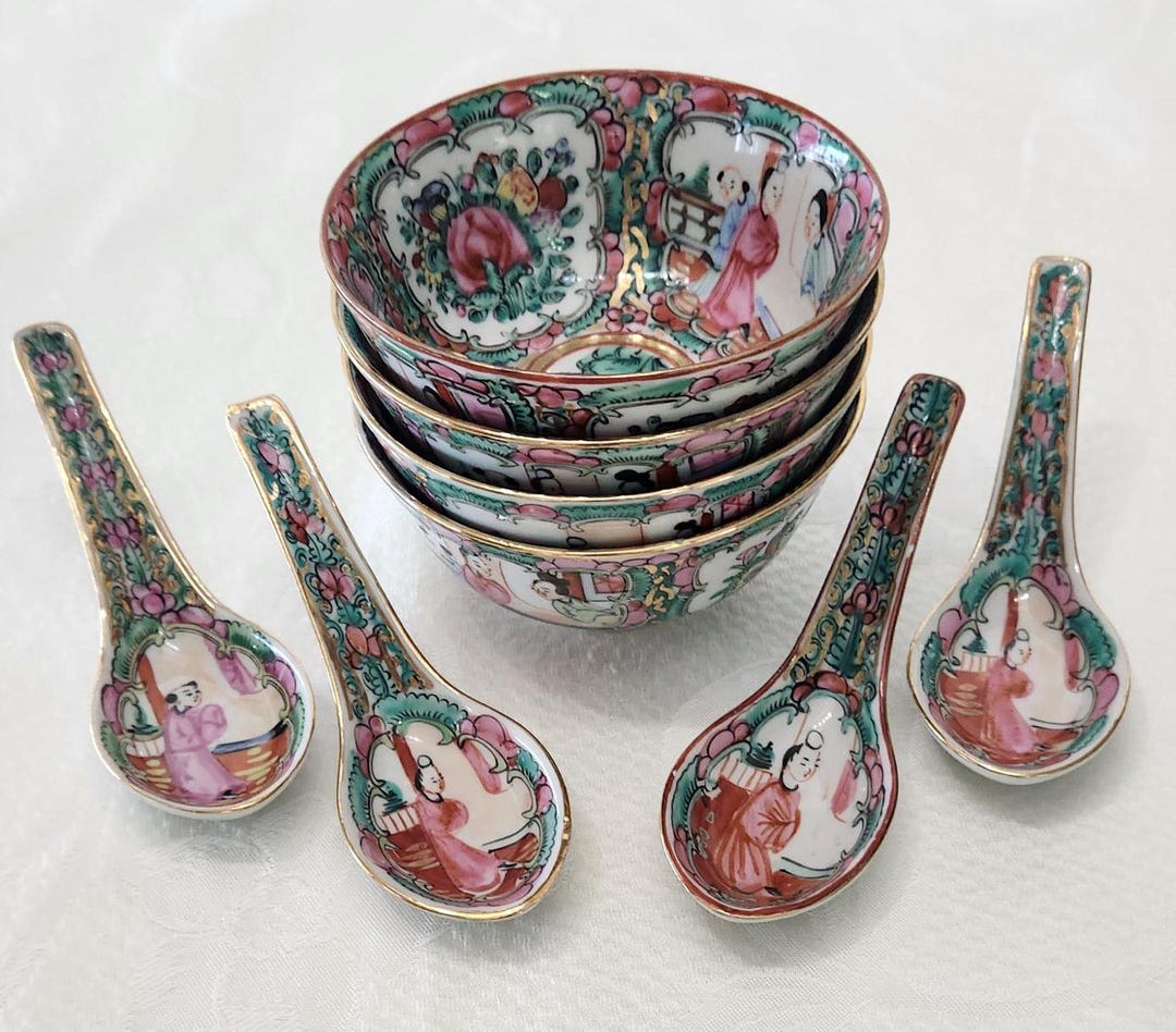 Vintage Rose Medallion Famille Set of 4 Rice Bowls and Spoons, Hand ...
