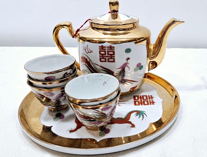 Vintage Pheonix and Dragon Ware, Japanese Porcelain Gold Guild Chinaware, Tray With Pheonix and ...