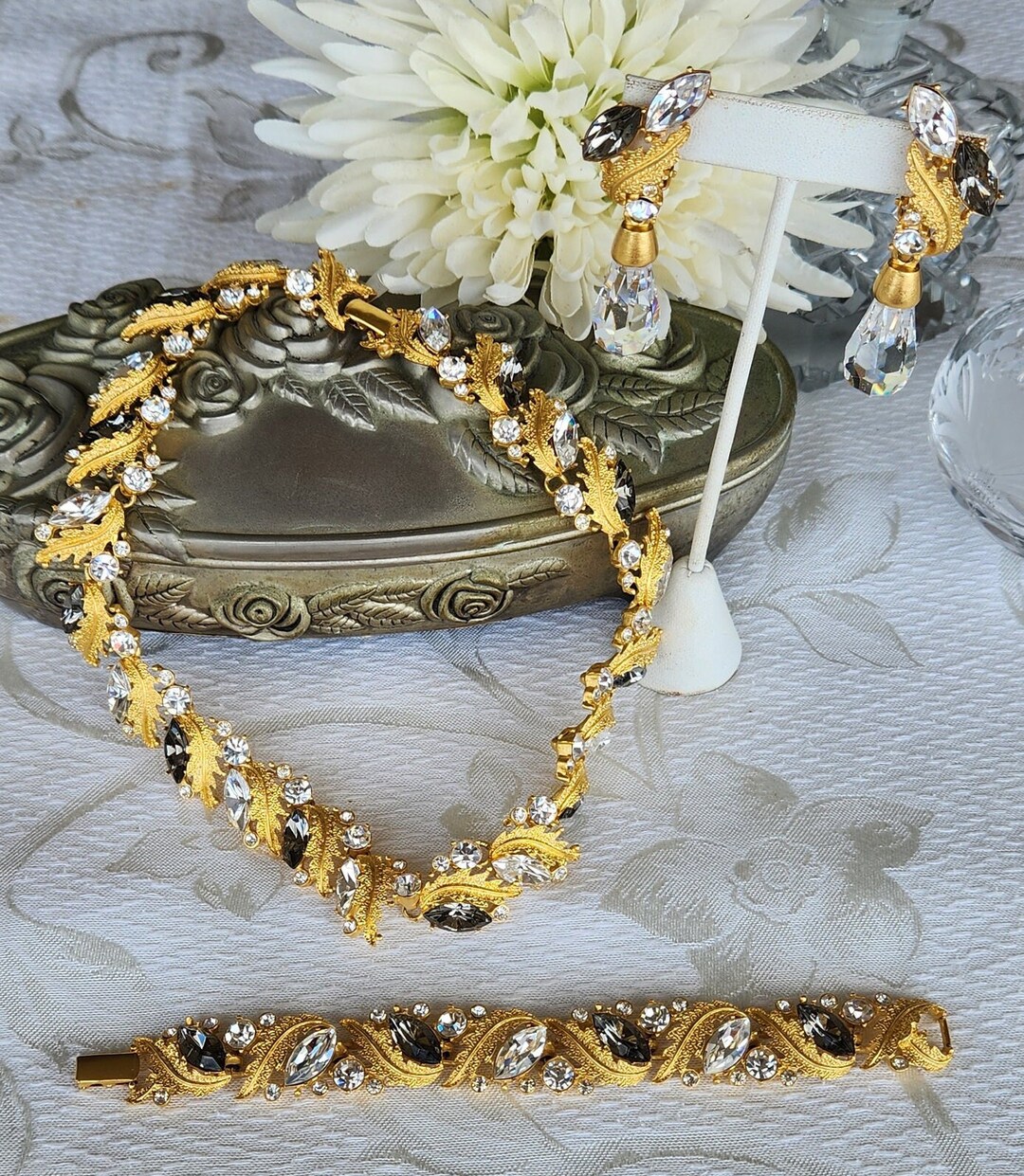 Vintage Carolina Herrera Necklace, Bracelet and Earring Set, Gold Tone ...