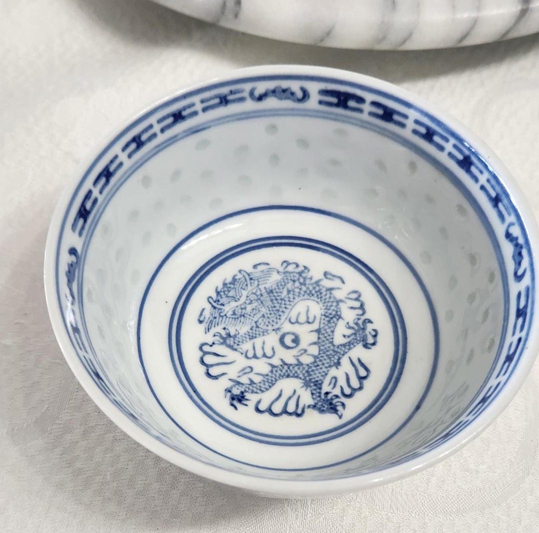 Vintage Porcelain Chinese Dragon Rice Soup Bowl With Rice Eye Trim ...
