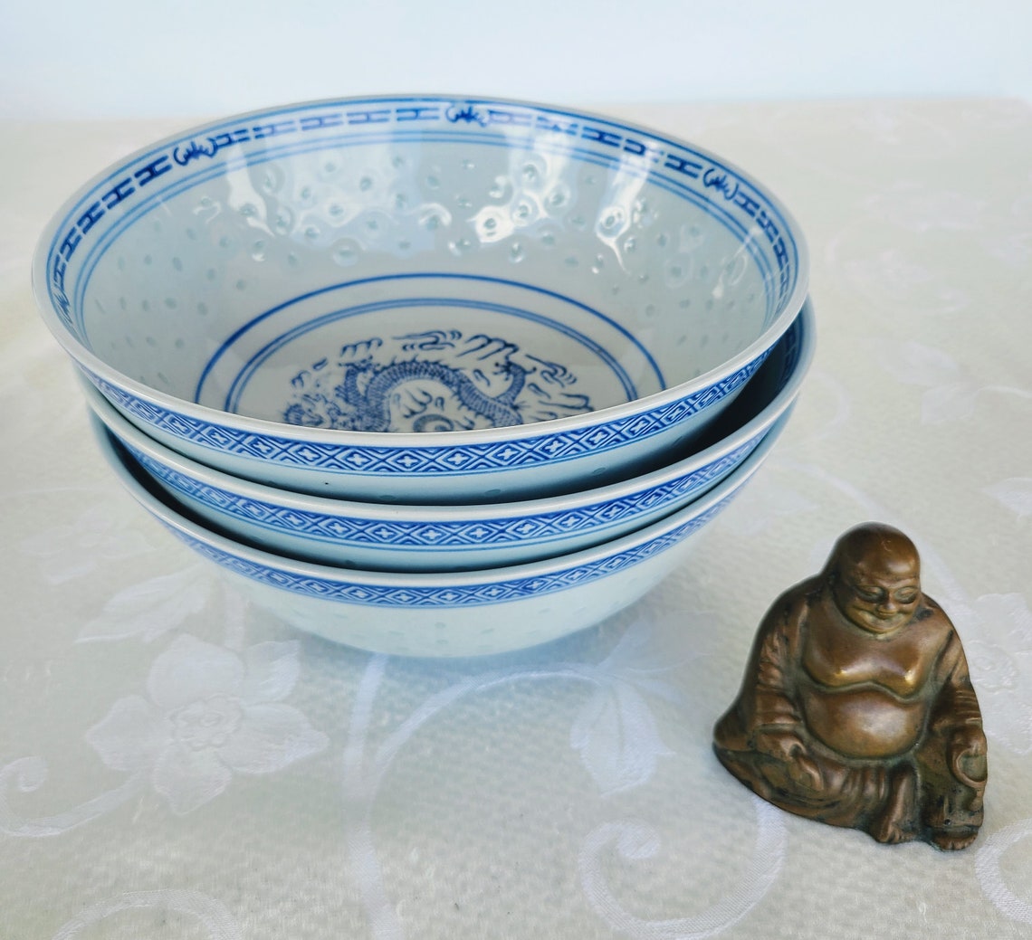 Vintage Porcelain Chinese Dragon Rice Eye Serving Plates and Bowls ...