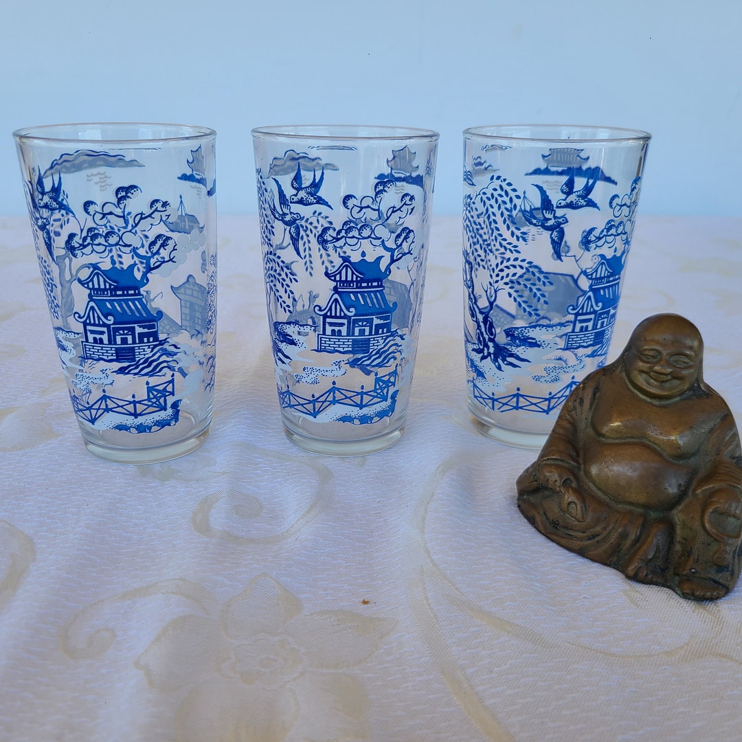 Vintage Blue Willow Glass Tumblers, Drinking Glass With Classic Blue ...