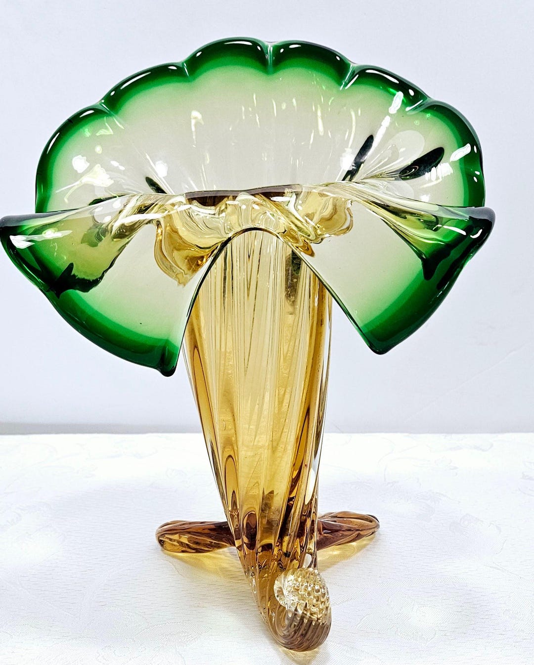 Vintage Mid Century Art Glass Cornucopia in Rich Green and Amber, Hand ...