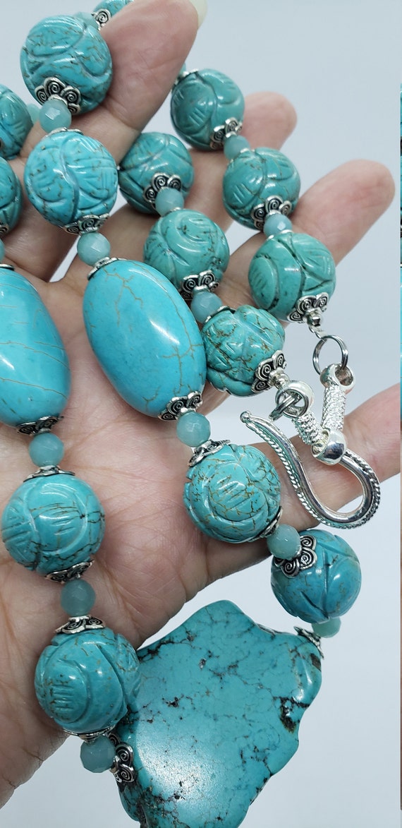 Genuine Turquoise Chunky Necklace, Hand Crafted Natu… - Gem