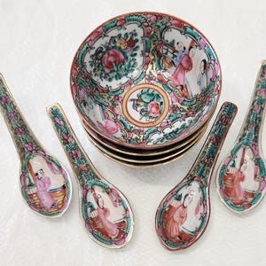 Vintage Rose Medallion Famille Set of 4 Rice Bowls and Spoons, Hand ...