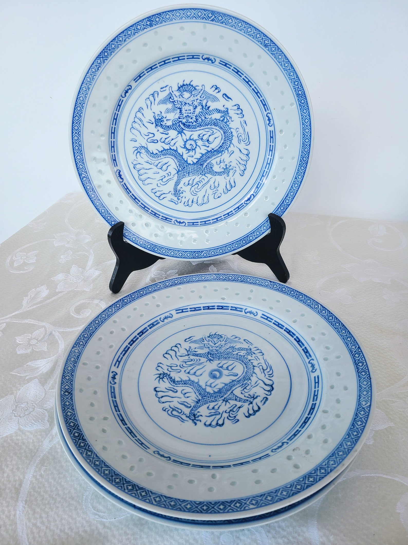 Vintage Porcelain Chinese Dragon Rice Eye Serving Plates and Bowls ...