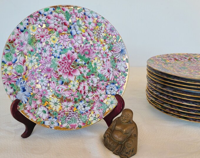 Vintage Mille Fleur Dinner Plates, Porcelain Gold Gild Hand Painted ...
