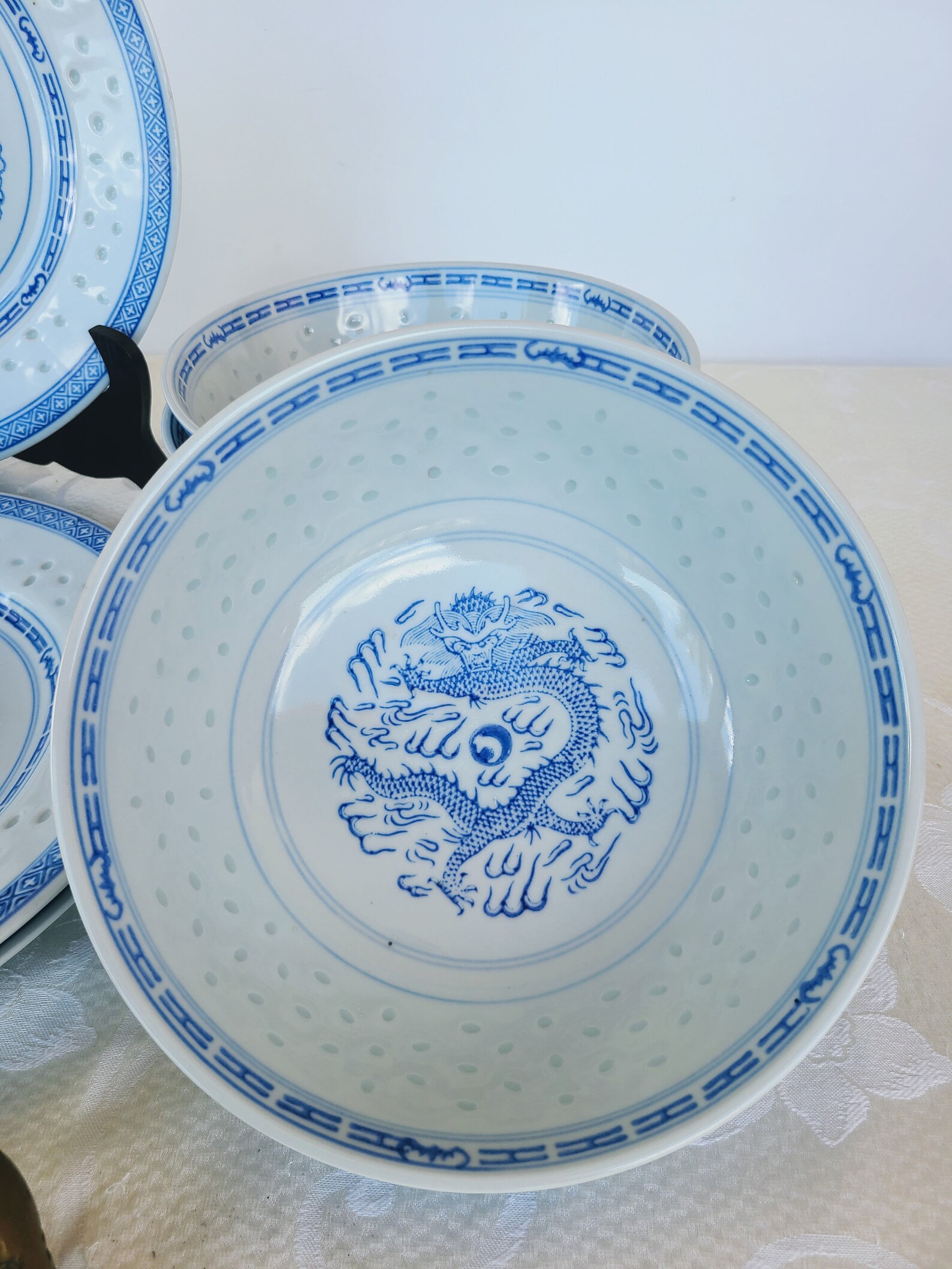 Vintage Porcelain Chinese Dragon Rice Eye Serving Plates and Bowls ...