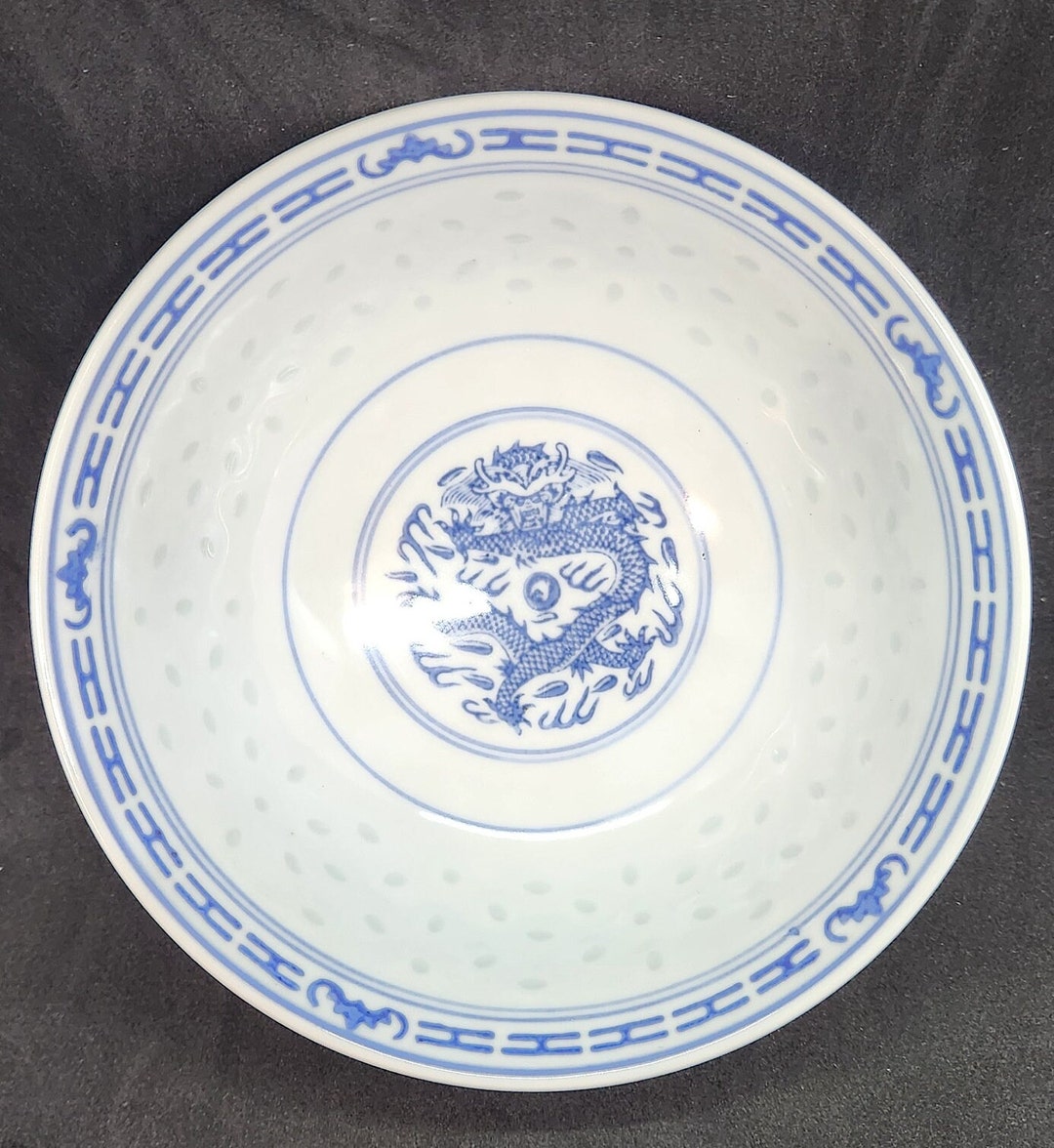 Vintage Blue and White Dragon Porcelain 6 Inch Rice Pattern Dishware ...