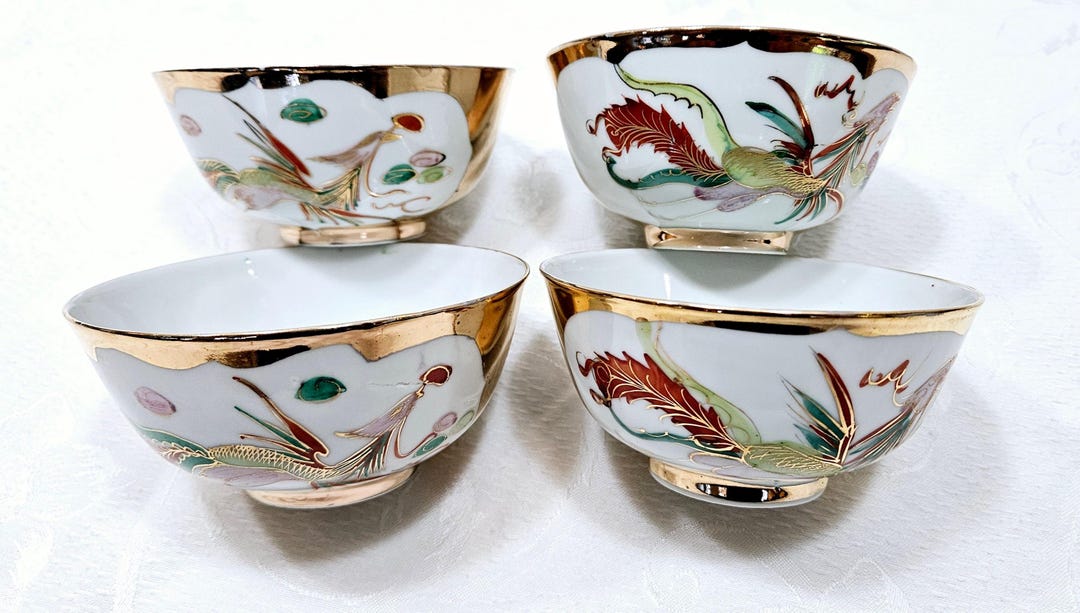 Vintage Phoenix and Dragon Ware Rice Bowls, Japanese Porcelain Gold ...