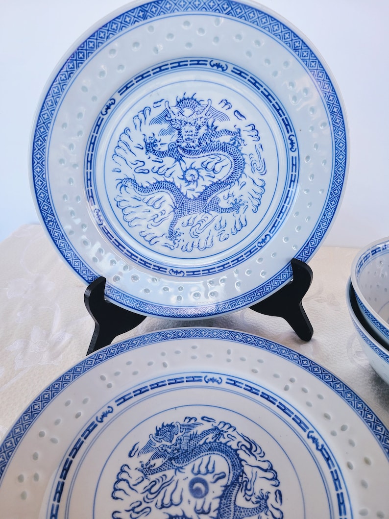 Vintage Porcelain Chinese Dragon Rice Eye Serving Plates and Bowls ...