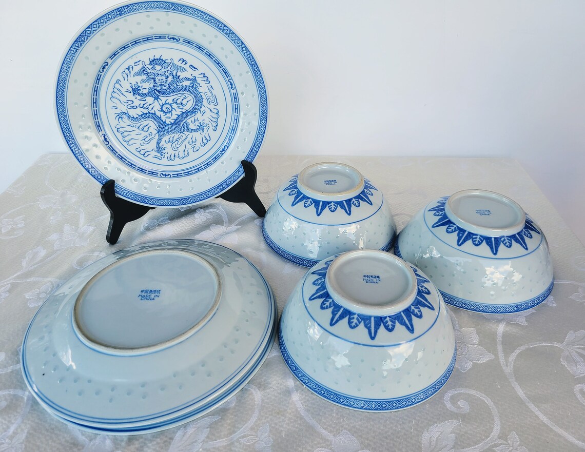 Vintage Porcelain Chinese Dragon Rice Eye Serving Plates and Bowls ...