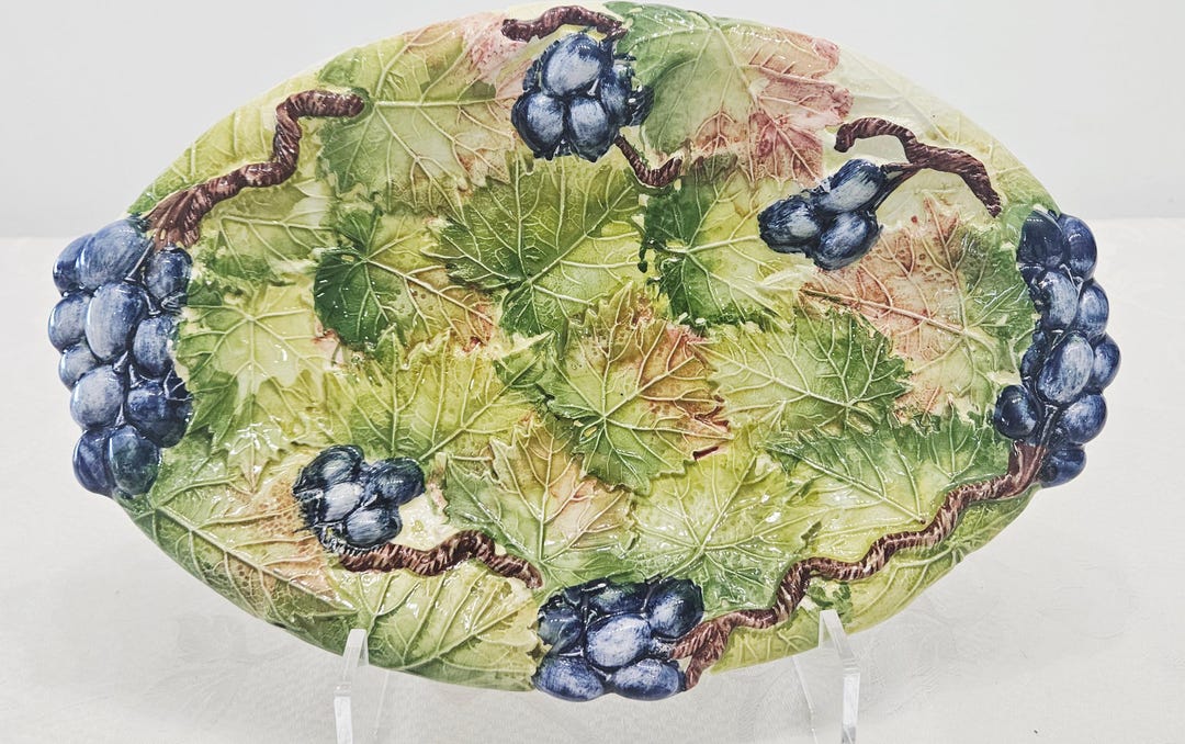 Italian Ceramic Majolica Grape Vine With Clusters of Grapes on an Oval ...