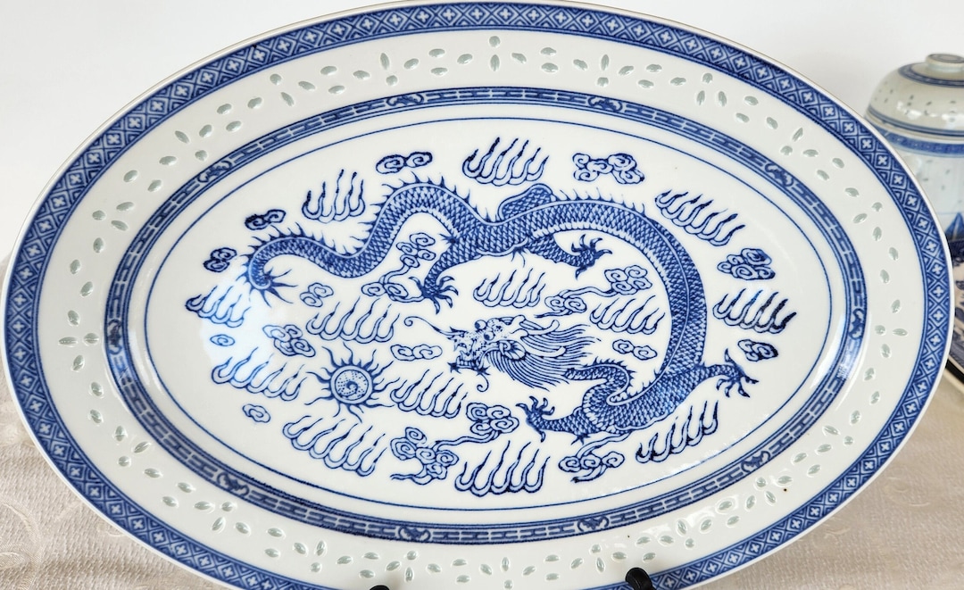 Vintage 16 Inch Porcelain Chinese Dragon Rice Eye Oval Serving Platters ...