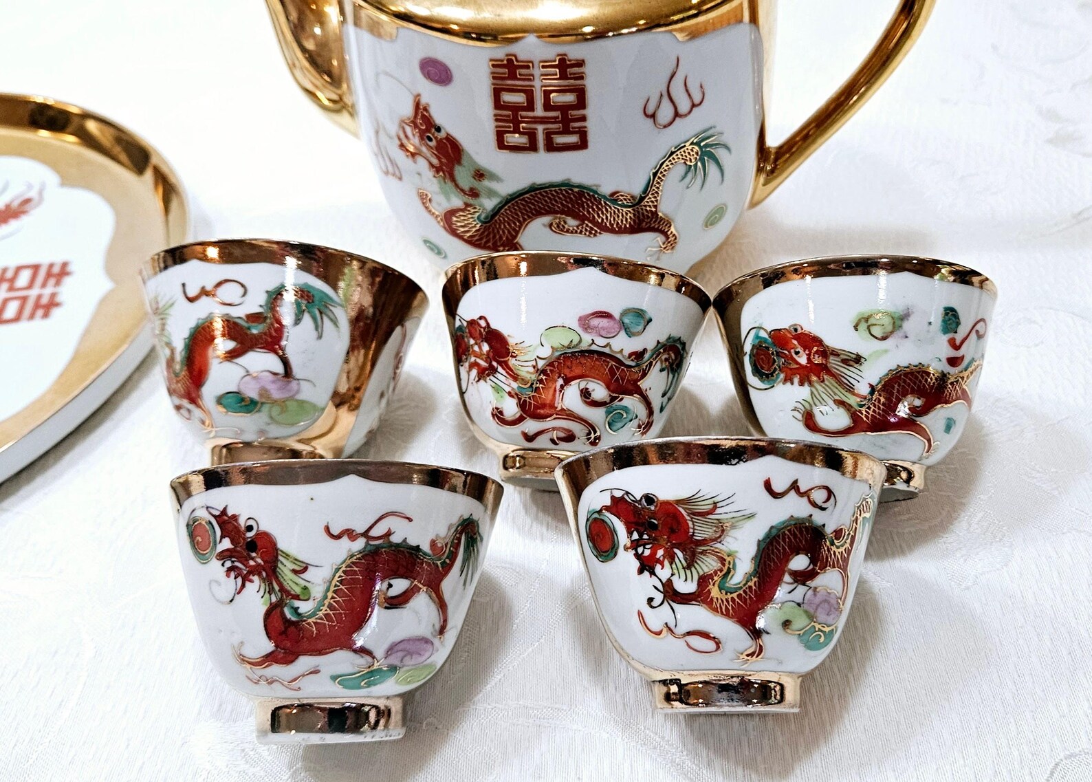 Vintage Pheonix and Dragon Ware, Japanese Porcelain Gold Guild Chinaware, Tray With Pheonix and ...