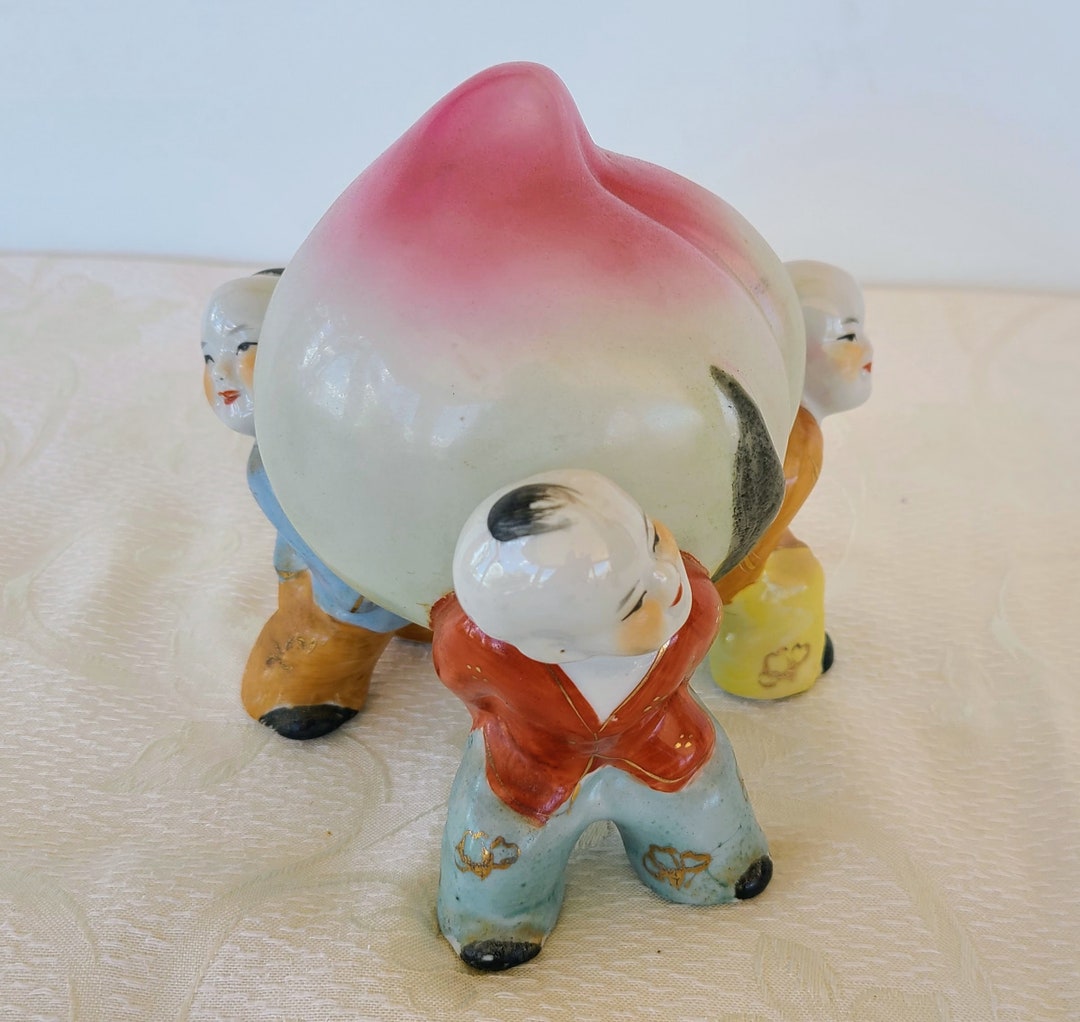 Vintage Chinese Figurine of Boys Holding A Peach, Hand Painted ...