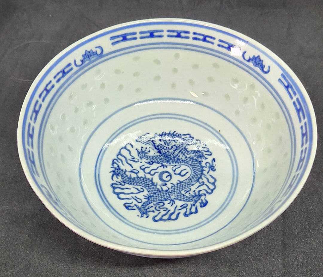 Vintage Blue and White Dragon Porcelain Rice Pattern Dishware, Chinese ...