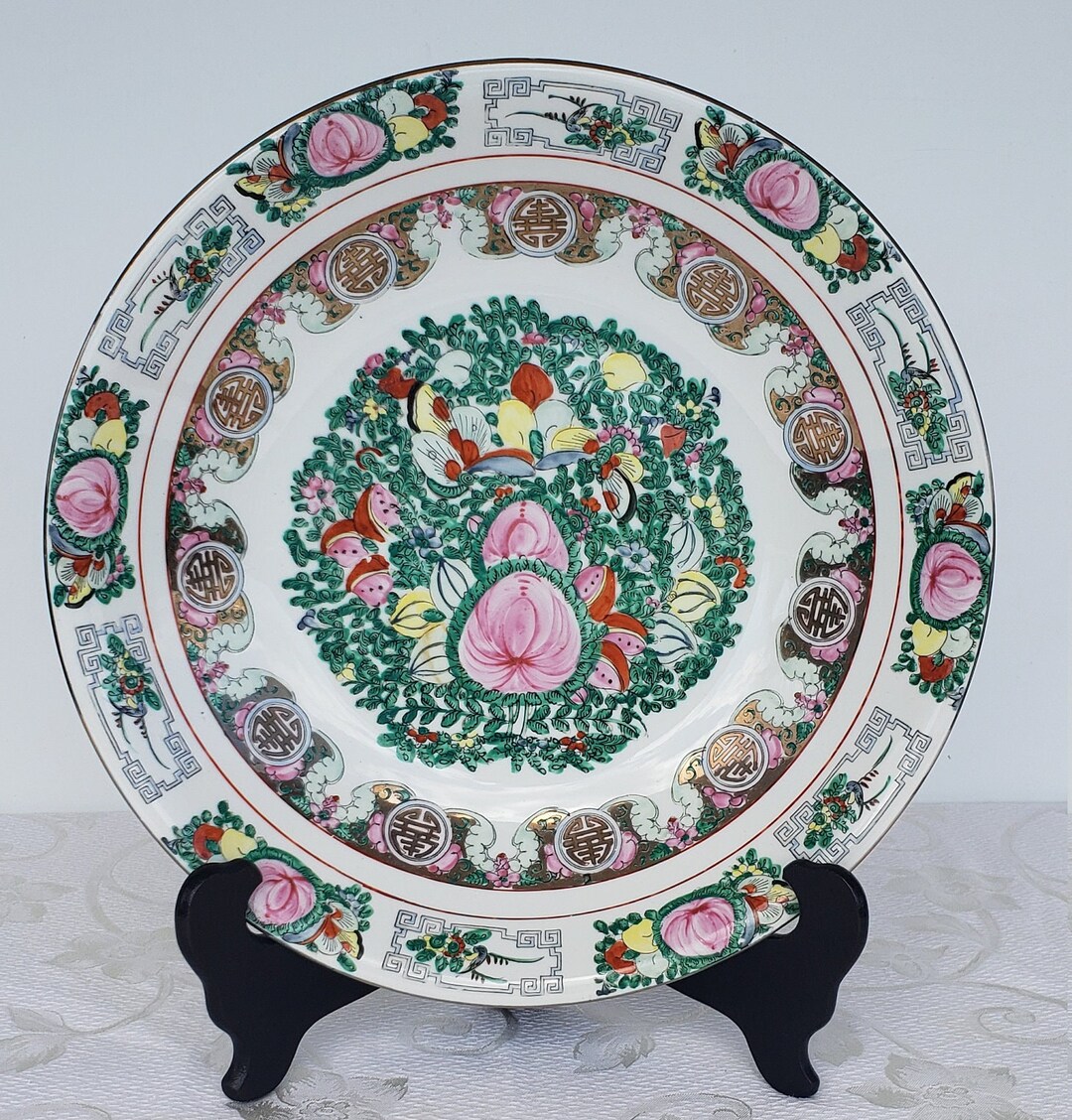Vintage Rose Medallion Greek Key Serving Dish, Porcelain Hand Painted ...