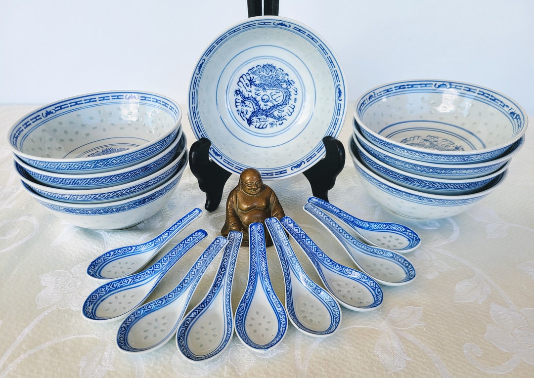 Vintage Blue and White Dragon Porcelain Rice Pattern Dishware, Chinese ...