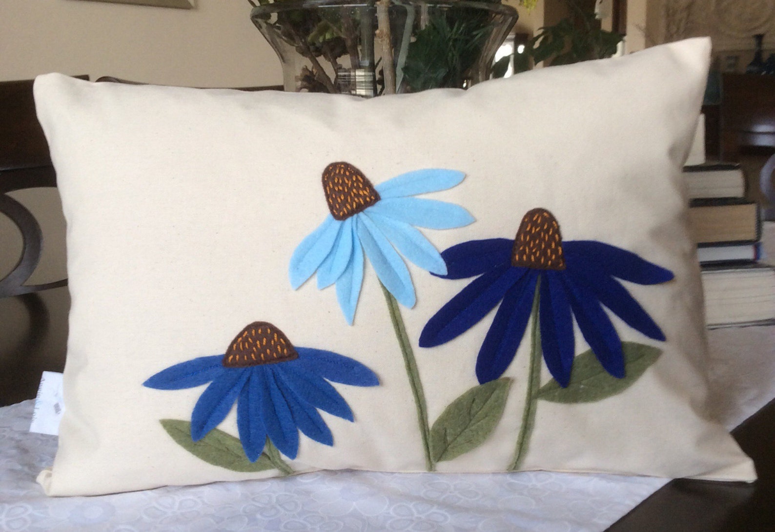 Blue Cone Flower Pillow Cover Felt Floral Applique Throw 3D | Etsy