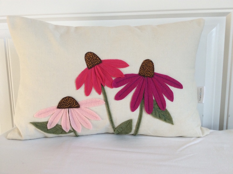 Cone Flower Pillow Cover, Hot Pink Floral Applique, Summer Flower Felt ...