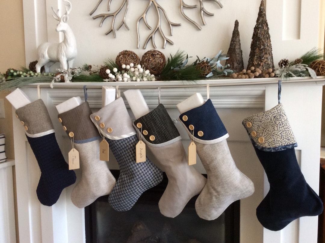 Personalized Blue and Tan Christmas Stockings, Beige Holiday Socks ...