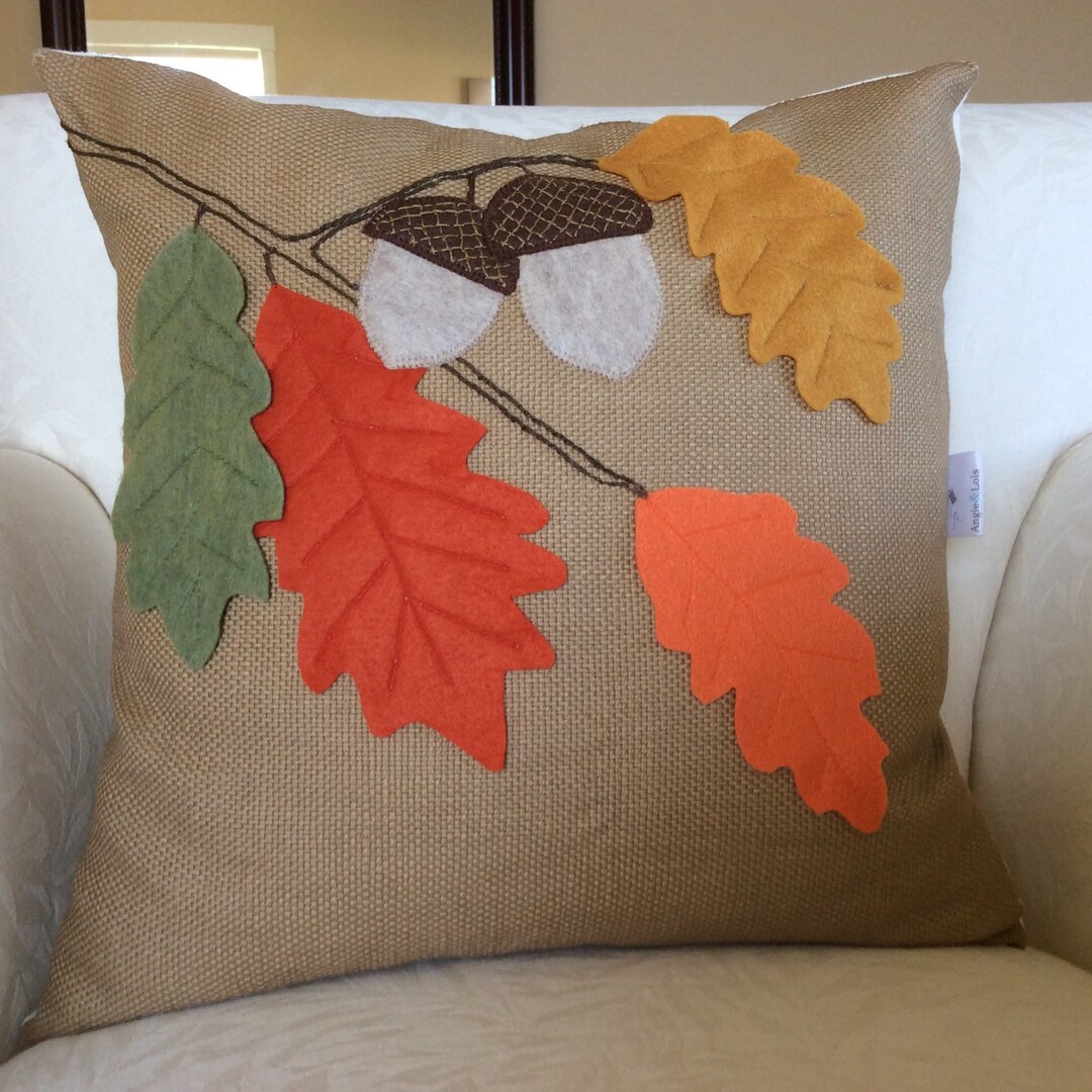 Fall Leaves Pillow Cover: Burlap Acorn Applique, Thanksgiving Decor - Etsy