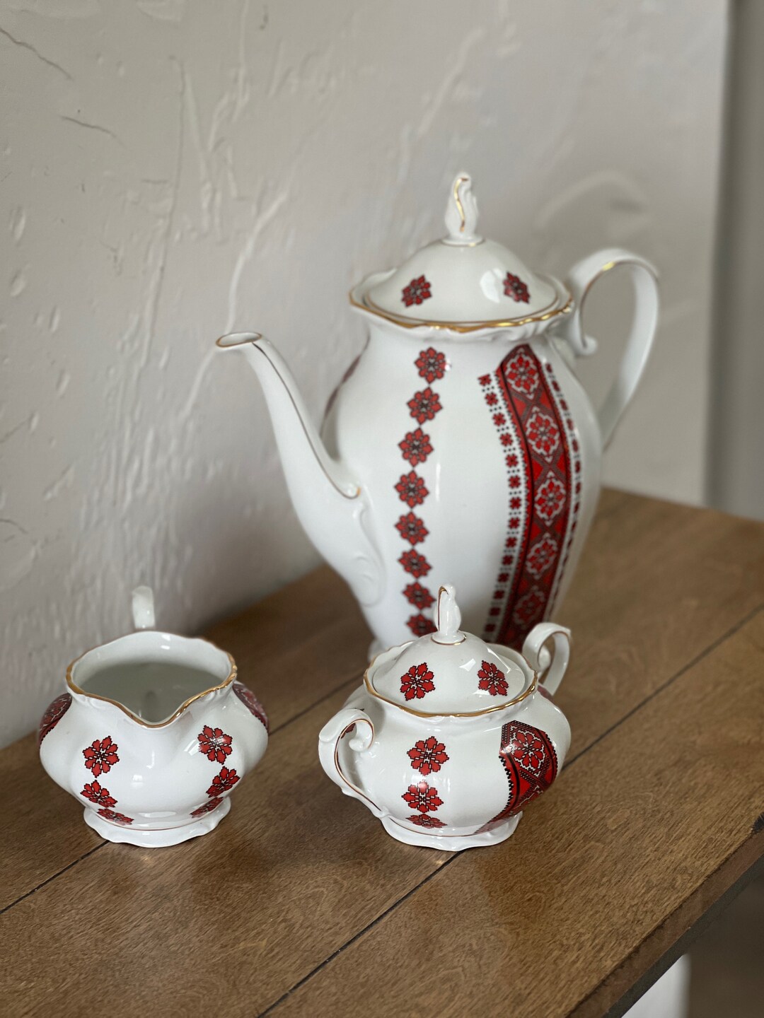 RARE Vintage 3-piece Ukrainian Pattern Coffee Pot, Sugar and Creamer by ...