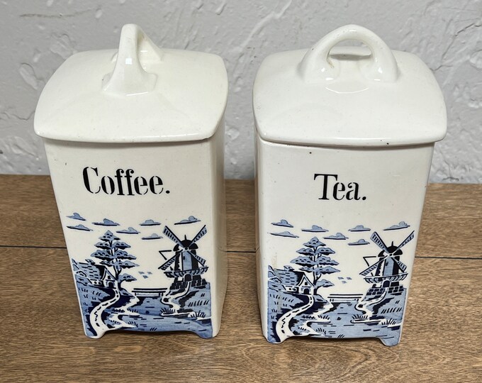 Coffee and Tea Delft Canisters, Made in Germany, White With Blue ...