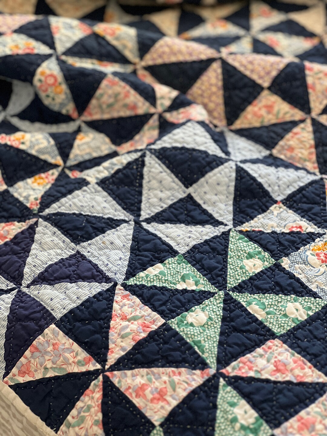 Antique Depression-made Quilt in Windmill Pattern, One-of-a-kind Hand ...