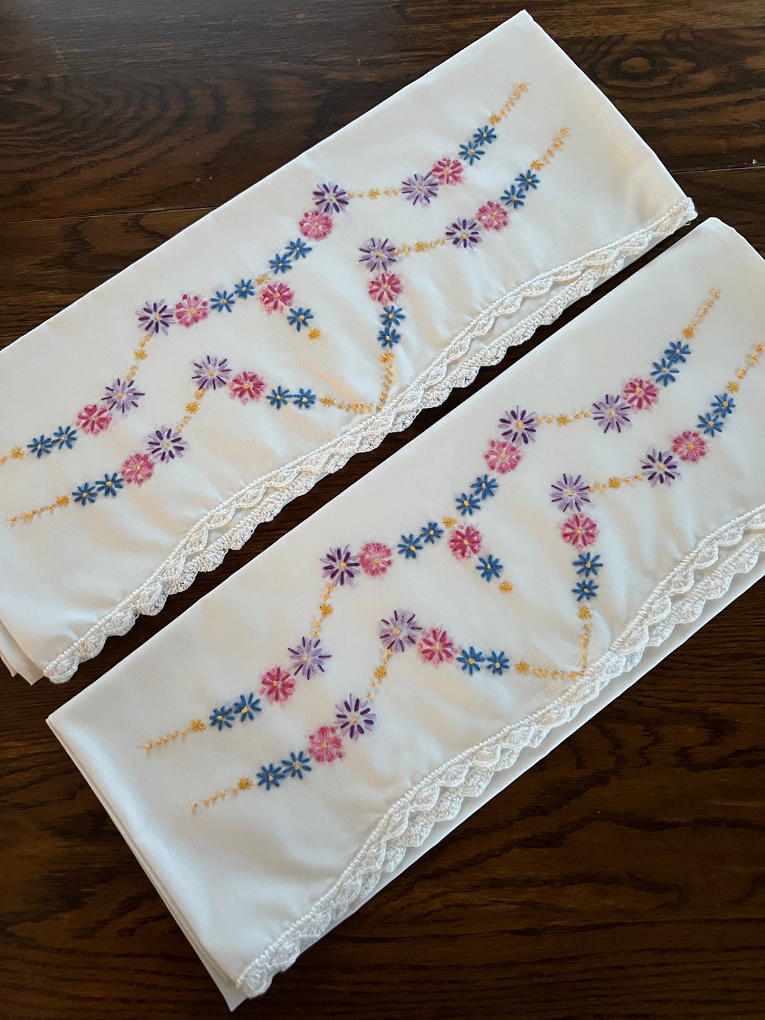 2 Vintage Hand-embroidered Pillowcase With Pink, Blue and Purple ...