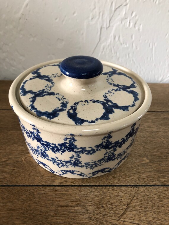 Vintage Blue Spongeware Stoneware Crock With Lid by Westerwald | Etsy