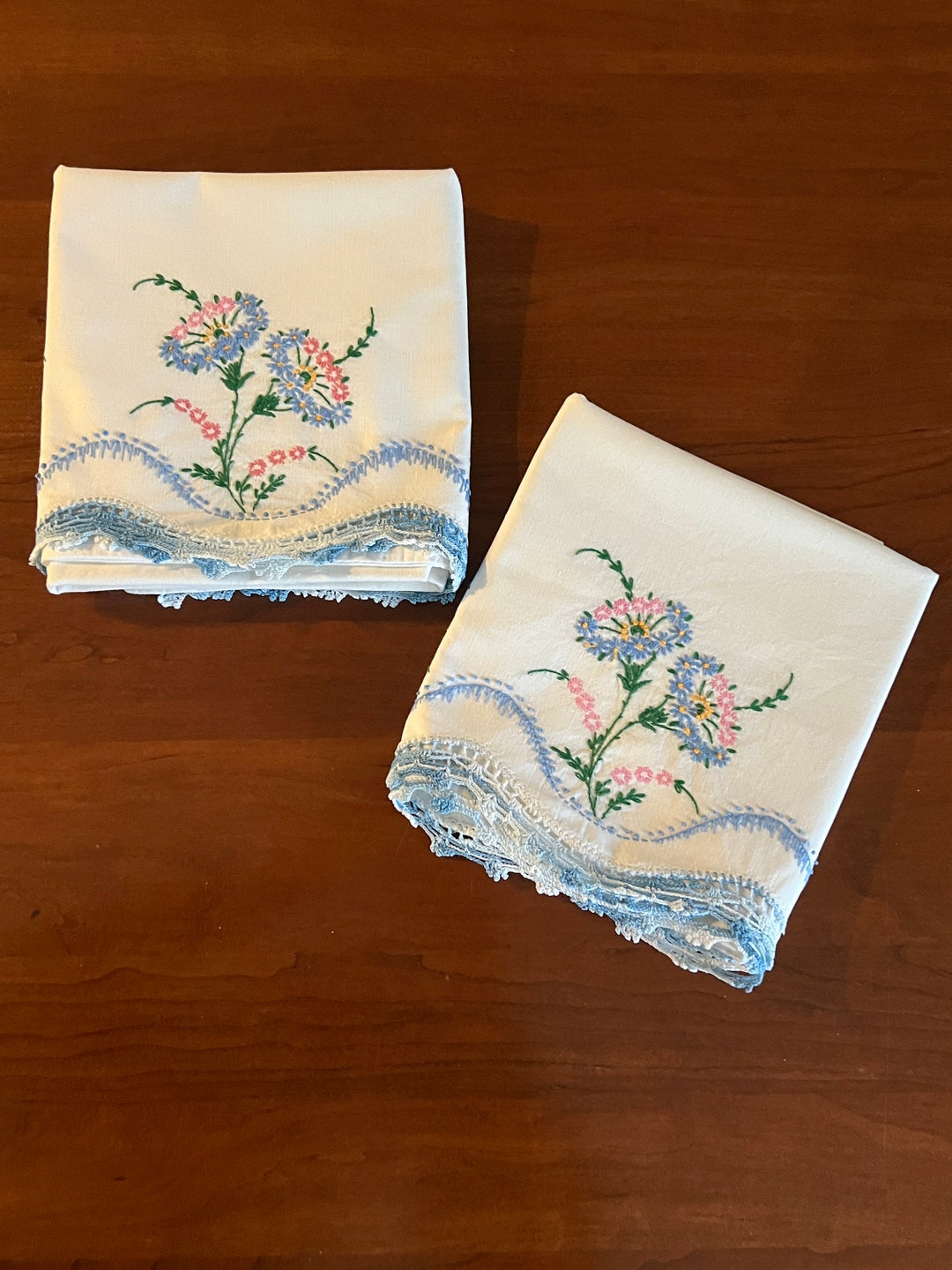 2 Vintage Hand-embroidered Pillowcases With Pink and Blue Flowers ...