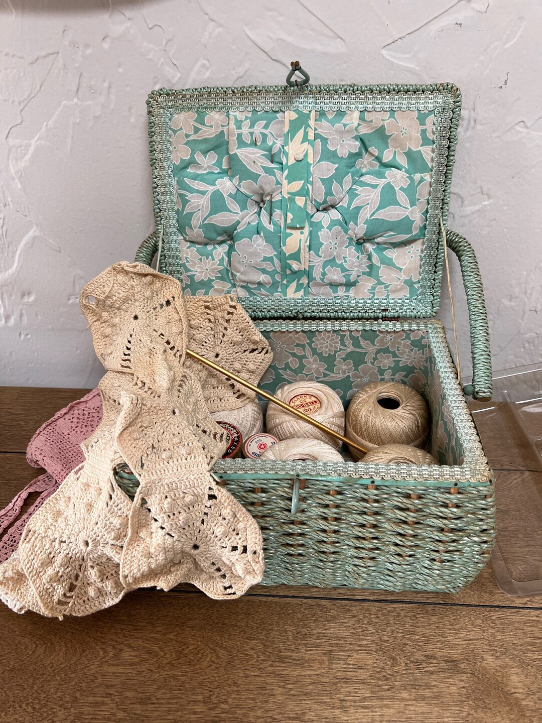 RARE Vintage Sewing Basket With Crochet Threads and Unfinished Pieces ...