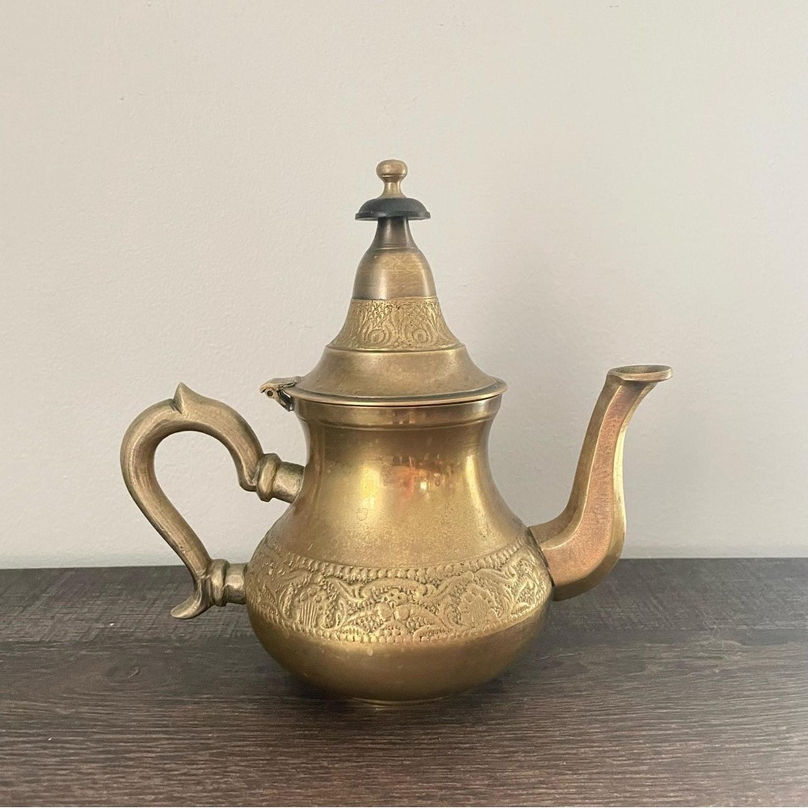 Vintage | Mini Solid Brass India Design Footed Teapot Floral Etched ...