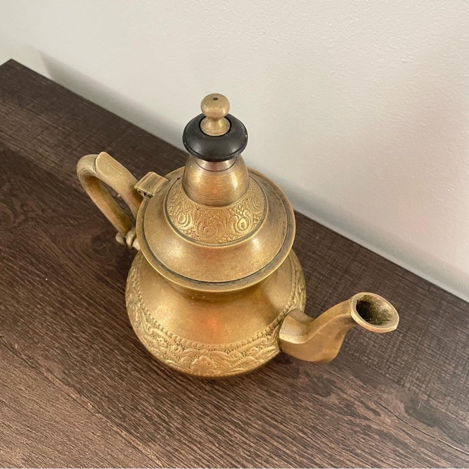 Vintage | Mini Solid Brass India Design Footed Teapot Floral Etched ...